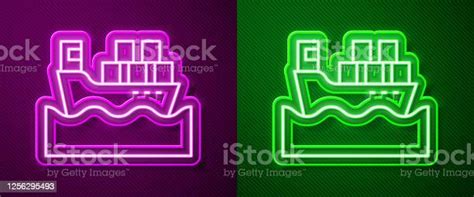 보라색과 녹색 배경에 고립 된 상자 배달 서비스 아이콘빛나는 네온 라인화물 선화물 선 배달 교통 소포 상자 상품화물 벡터 나름에 대한 스톡 벡터 아트 및 기타 이미지