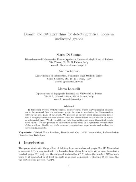 Branch And Cut Algorithms For Detecting Critical Nodes In Undirected Graphs Pdf
