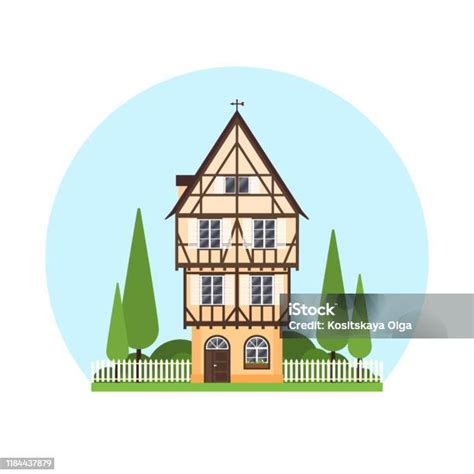 흰색 배경에 고립 된 색의 반 목조 건물 유럽 프레임 하우스 별장의 평면 외관 푸른 하늘 배경에 나무와 다채로운 시골 집입니다 건물 외관에 대한 스톡 벡터 아트 및 기타