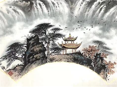 罗树辉日记国画山水画《疑是九天银河落》，作品尺寸扇面33x68cm，辛兴艺堂