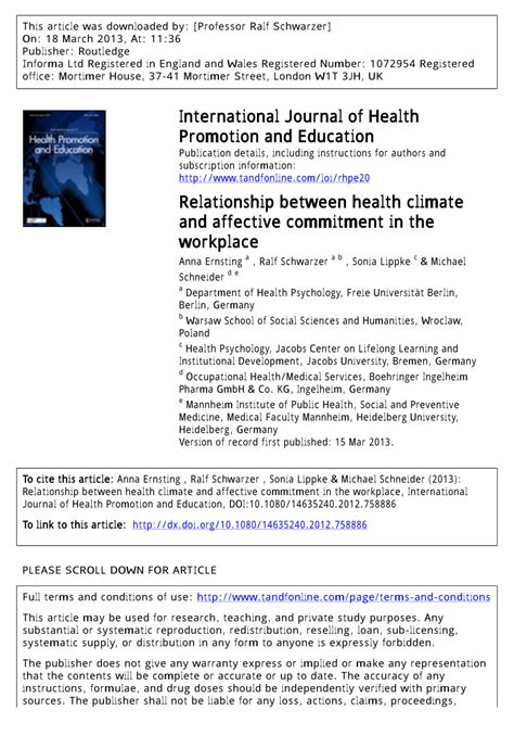 Pdf Relationship Between Health Climate And Affective Commitment In