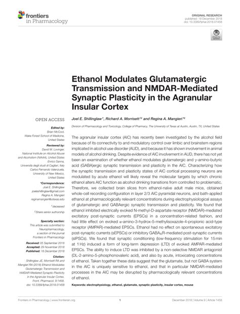 Pdf Ethanol Modulates Glutamatergic Transmission And Nmdar Mediated
