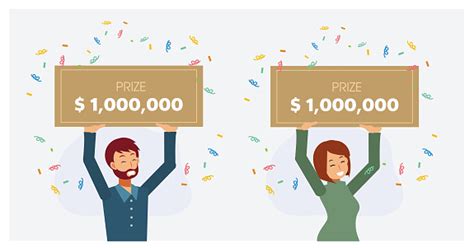 남자와 여자의 세트는 복권승리 상품을 승리 은행 수표 상금 표지판 배너 플랫 벡터 2d 만화 캐릭터 일러스트레이션 개념에 대한 스톡 벡터 아트 및 기타 이미지 Istock