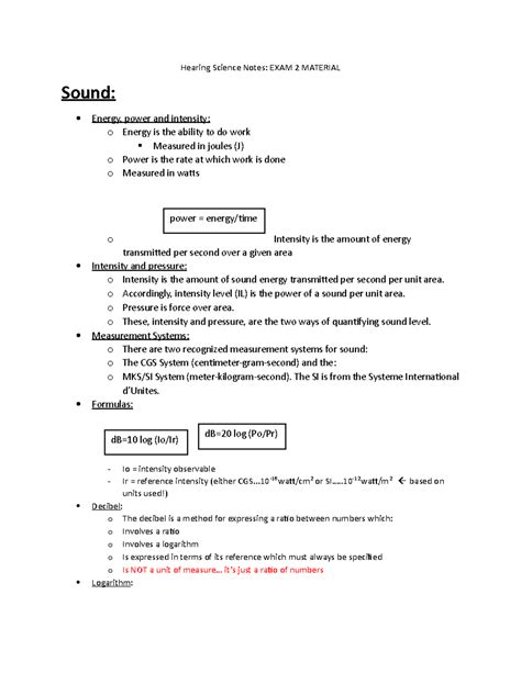 Hearing Science Notes Exam 2 Notes Hearing Science Notes EXAM 2 MATERIAL Sound Energy