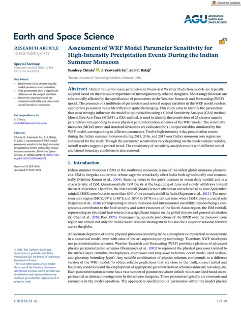 Pdf Assessment Of Wrf Model Parameter Sensitivity For High‐intensity Precipitation Events