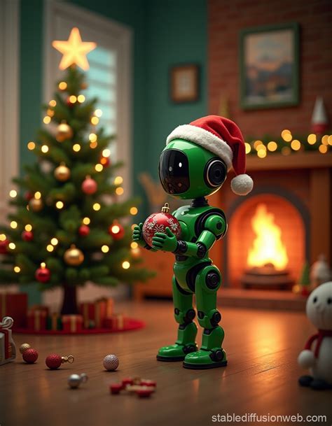 Green Robot Decorates Christmas Tree Stable Diffusion Online