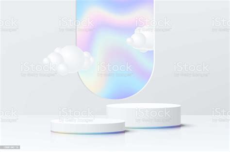 현실적인 흰색 실린더 받침대 연단 세트와 아치 모양 홀로그램 창구름이 있는 추상적인 3d 룸 제품 디스플레이 프레젠테이션을 위한