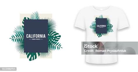 열대 야자 수 잎과 텍스트 캘리포니아 티셔츠 디자인 몬스터 나뭇잎과 야자수 잎 티셔츠를위한 타이포그래피 그래픽 프린트가 있는 의류 모형 벡터 문자에 대한 스톡 벡터 아트 및