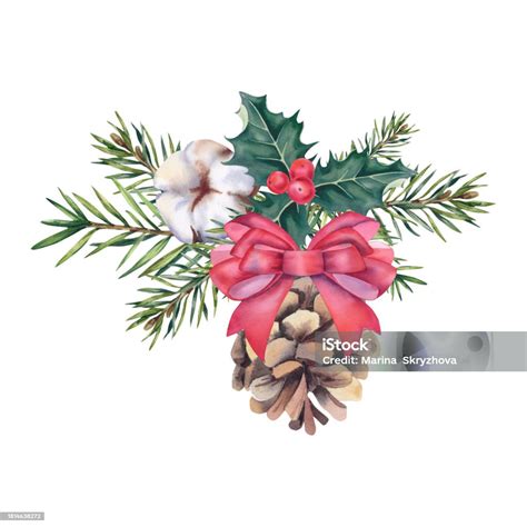 원뿔 면화 겨우살이가 있는 가문비나무 가지 크리스마스 트리 침엽수 나무 소나무 수채화 그림입니다 크리스마스와 새해 엽서 클립 아트에 인쇄 0명에 대한 스톡 벡터 아트 및