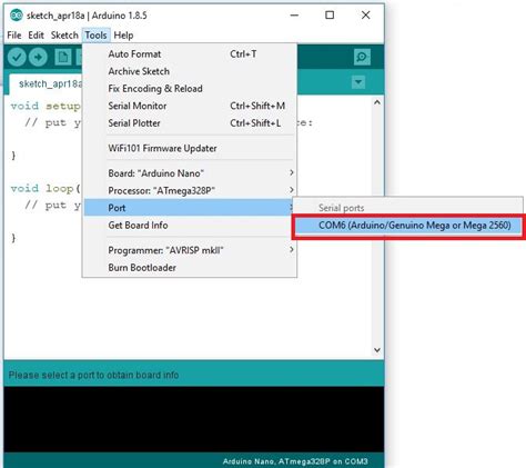 Figure 8 Communication Port Selection In Arduino Com6