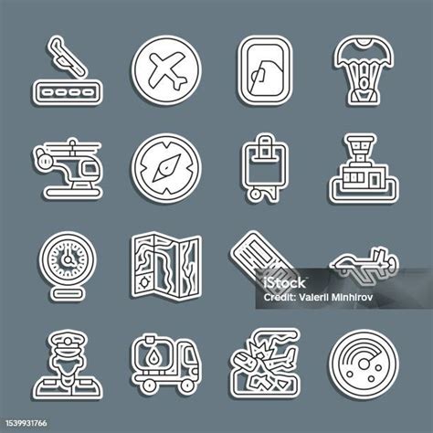 모니터 Uav 무인 항공기 공항 관제탑 비행기 창 나침반 헬리콥터 비행기 착륙 및 여행 가방 아이콘에 대상과 라인 레이더를 설정합니다 벡터 공항에 대한 스톡 벡터 아트 및