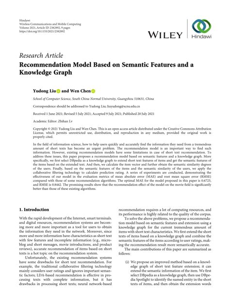 Pdf Recommendation Model Based On Semantic Features And A Knowledge Graph
