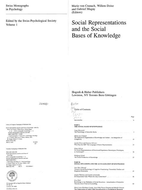 Social Representations And The Social Bases Of Knowledge By Mario Von Cranach Willem Doise