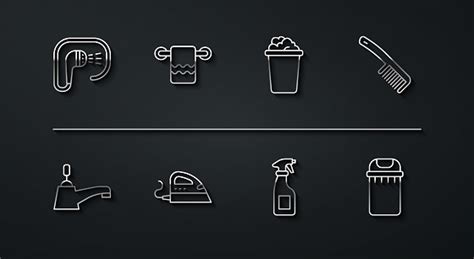 세트 라인 샤워 수돗물 헤어 브러시 청소 스프레이 병 전기 철 수건 걸이 쓰레기통 및 비누 비누 비누 아이콘 양동이 벡터 가사 집안일에 대한 스톡 벡터 아트 및 기타 이미지