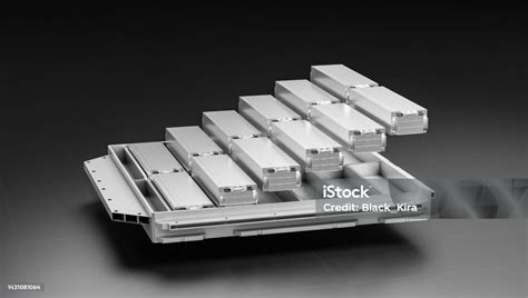 전기 자동차 리튬 이온 충전식 배터리 모듈 내부 금속 인클로저 포장 자동차 Ev 자동차 에너지 저장 산업 3d 렌더링을위한