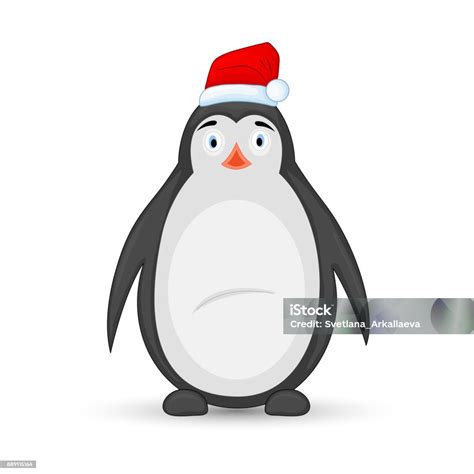 산타 클로스의 모자에서 하는 북극 펭귄 새 해와 크리스마스 엽서입니다 흰색 바탕에 고립 된 개체입니다 텍스트와 축 하를 위한 템플릿입니다 12월에 대한 스톡 벡터 아트 및