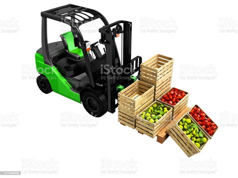 그린 사과 나무 상자 흰색 배경에서 3d 렌더링에서의 팔레트와 그림자 지게차 0명에 대한 스톡 사진 및 기타 이미지 0명