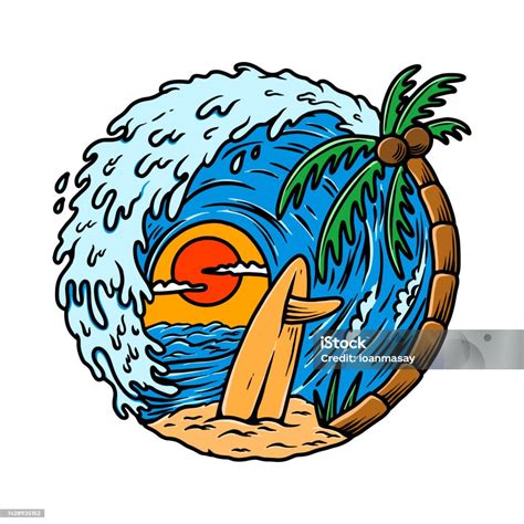 파도와 서핑 데크가있는 손바닥의 그림 벡터 일러스트 레이 션 0명에 대한 스톡 벡터 아트 및 기타 이미지 0명 검은색