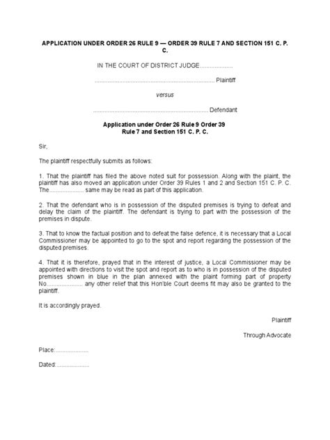Application Under Order 26 Rule 9 GÇö Order 39 Rule 7 And Section 151 C P C Pdf