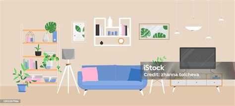 거실 장면 소파 Tv 캐비닛 책장 바닥 램프 선반 식물과 같은 내부 요소 플랫 스타일의 벡터 일러스트 레이 션 최소한의 현대 가정 0명에 대한 스톡 벡터 아트 및 기타