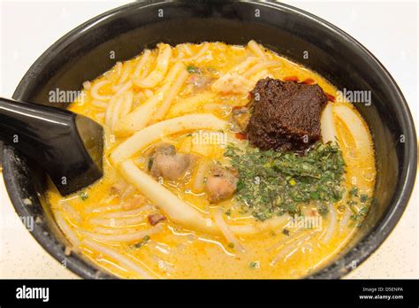 Singapore Curry Laksa Noodles With Sambal Chili Paste Prawns Fishcake