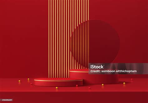 구체 공 황금 줄무늬 벽 장면이 있는 현실적인 빨간색 3d 원통형 연단 배경 최소한의 모형 또는 추상적인 제품 전시 프레젠테이션 무대 쇼케이스 플랫폼 벡터 기하학적 디자인