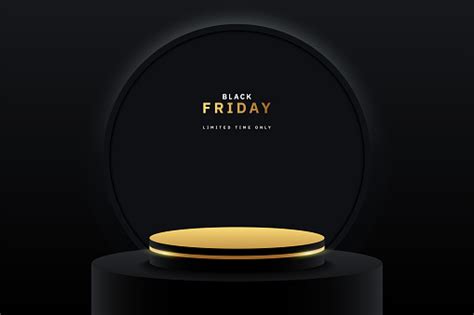 둥근 원 모양의 배경이 있는 어두운 스튜디오 룸에 있는 럭셔리 골드 블랙 3d 실린더 연단 받침대 블랙 프라이데이 개념입니다 프로모션의 날 제품 프레젠테이션을 위한 단계3d