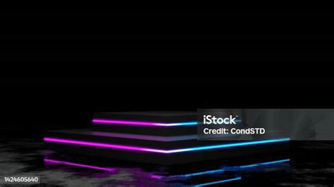 3d 렌더링 네온 라이트와 현대 모형 연단 디스플레이 제품 쇼케이스 광고를위한 미래 지향적 인 받침대 빈 플랫폼 0명에 대한 스톡 사진 및 기타 이미지 Istock