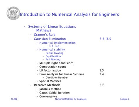 Introduction To Numerical Analysis For Engineers • Systems Of Linear Equations Mathews