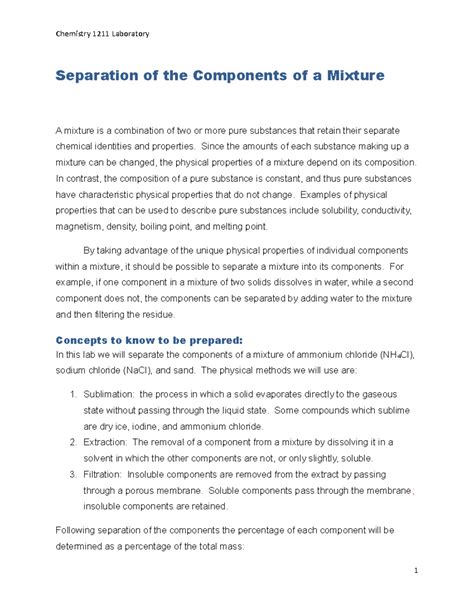 Separation Of Mixture Separation Of The Components Of A Mixture A Mixture Is A Combination Of