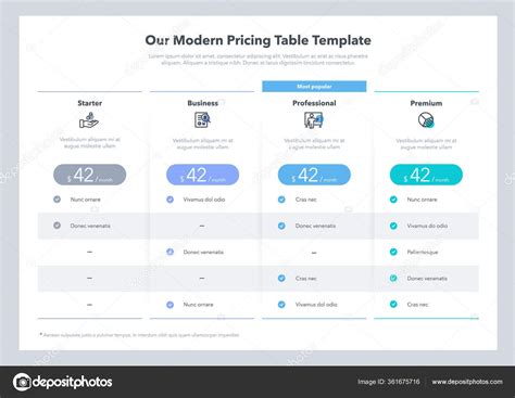 Modern Looking Pricing Table Design Four Subscription Plans Flat Infographic Stock Vector Image