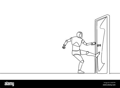 Continuous One Line Drawing Robots Standing Kicks Closed Door With His Leg Humanoid Robot