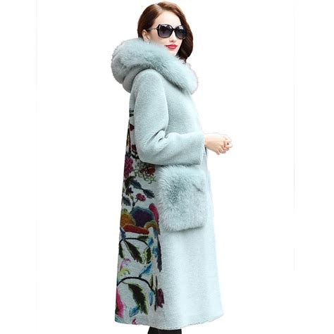 우아한 진짜 모피 롱 여우 프린트 외투 슬림 플러시 후드 모직 롱 코트 여성용 두꺼운 따뜻한 고품질 겨울리얼 퍼 Aliexpress