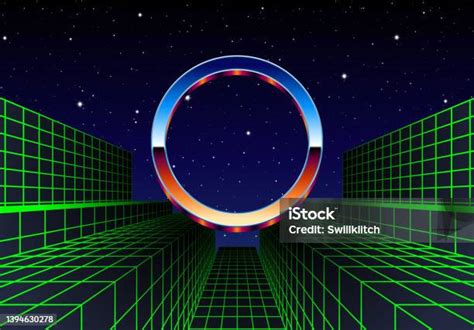 크롬 서클과 80 년대 스타일의 신스 웨이브 아케이드 게임 풍경이있는 신스 웨이브 프레임 벡터에 대한 스톡 벡터 아트 및 기타 이미지 벡터 오락실 1980 1989