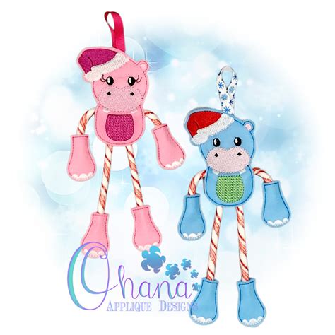 Santa Hippo Candy Cane Holder Ornament Design Oad