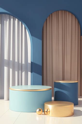 곡선 모양 사각형 모양 커튼 및 수직 연단 디스플레이 빛과 그림자 황금색과 파란색 테마 최소한의 스타일 3d 렌더링 0명에 대한