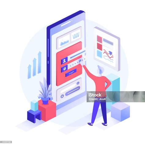 등록 양식 또는 로그인 사용자 인터페이스입니다 한 남자가 휴대 전화의 큰 화면에 표시되는 입력 된 보안 데이터 앞에 서 있습니다 Ui 배너 Ui 앱에 대한 Isometric