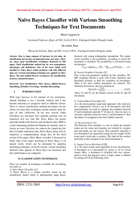 Pdf Naïve Bayes Classifier With Various Smoothing Techniques For Text Documents Shruti