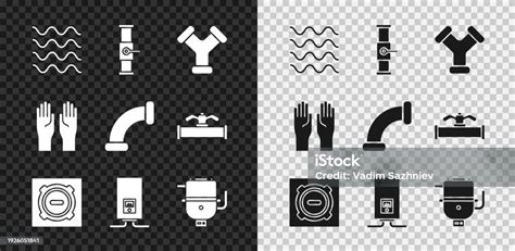 웨이브 산업 파이프 및 밸브 금속 맨홀 하수구 뚜껑 불타는 불이 있는 가스 보일러 물 가열용 전기 고무 장갑 및 아이콘을 설정합니다 벡터 가정 생활에 대한 스톡 벡터 아트