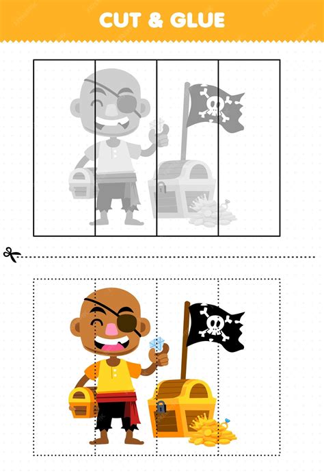 귀여운 만화 대머리 남자와 보물 인쇄 가능한 해적 워크시트로 자르고 붙이는 어린이를 위한 교육 게임 프리미엄 벡터