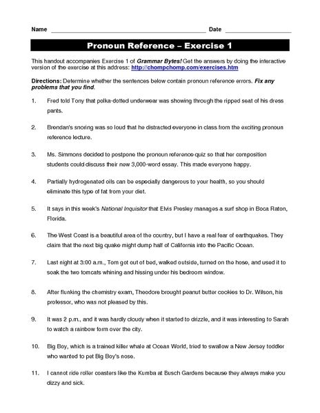 Pronoun Reference Exercise 1 Worksheet For 4th 6th Grade Lesson Planet