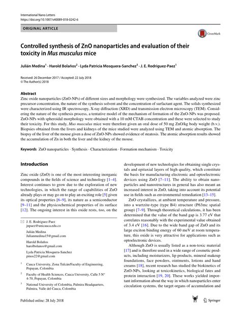 Pdf Controlled Synthesis Of Zno Nanoparticles And Evaluation Of Their Toxicity In Mus Musculus