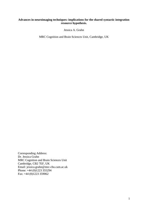 Pdf Advances In Neuroimaging Techniques Implications For The Shared Syntactic Integration