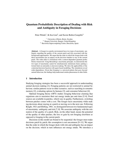 PDF Quantum Probabilistic Description Of Dealing With Risk And Ambiguity In Foraging Decisions