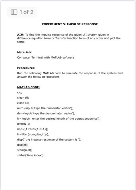 Solved EXPERIMENT IMPULSE RESPONSE AIM To Find The Chegg