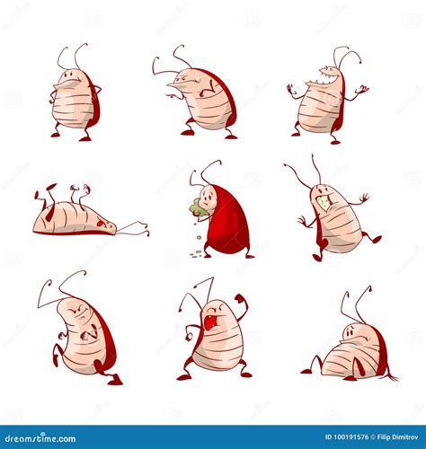 Cartoon Cockroaches In Different Poses Set Of Illustrations Stock
