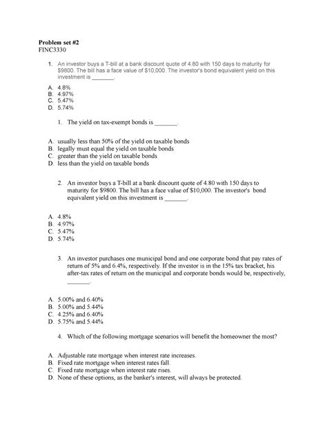 Problem Set Problem Set FINC An Investor Buys A T Bill At A Bank Discount Quote Of With