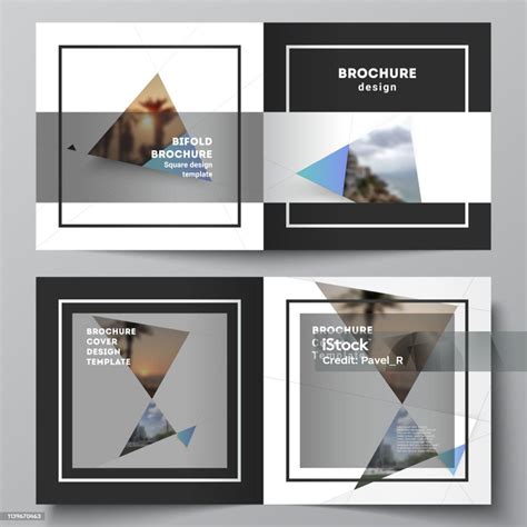 두 개의 표지 템플릿은 정사각형 디자인 폴드 브로셔 잡지 전단지 소책자에 대 한 벡터 레이아웃입니다 파란색 삼각형 및 삼각형 모양으로 창조적 인 현대적인 배경 심플한 디자인