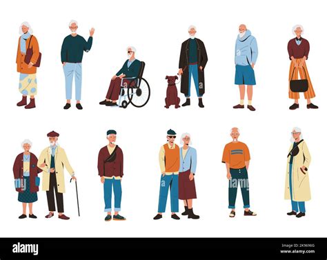 Elderly People Cartoon Old Retired Man Woman Modern Mature Persons