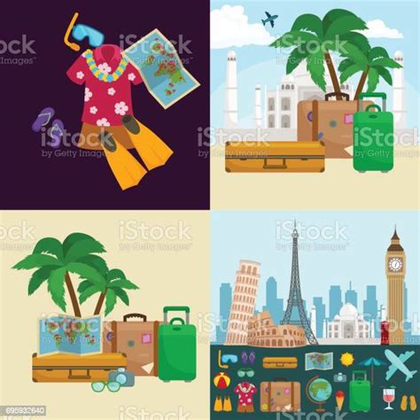 여행 관광 아이콘 벡터 일러스트 레이 션 휴가 여행 계획 여름 및 여행 개체 승객 수하물 절연 비행기에 수하물의 경우 여행지 스티커에 대한 스톡 벡터 아트 및 기타 이미지